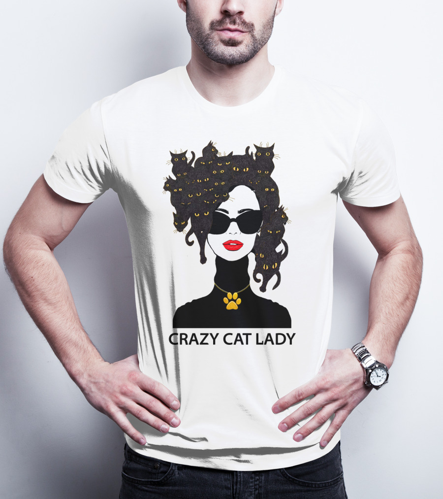 CRAZY CAT LADY Cat Afro Sunglasses Red Lips Golden Paw Necklace T-Shirt
