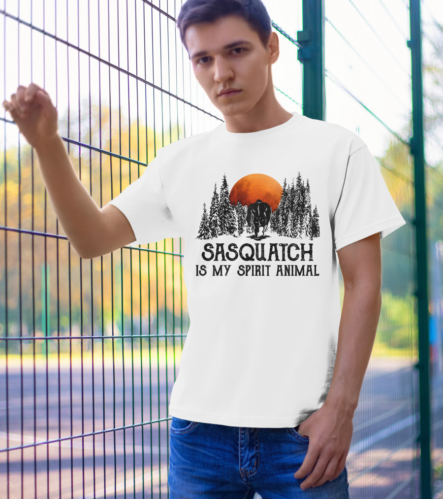 Sasquatch Is My Spirit Animal Forest Silhouette With Orange Moon T-Shirt