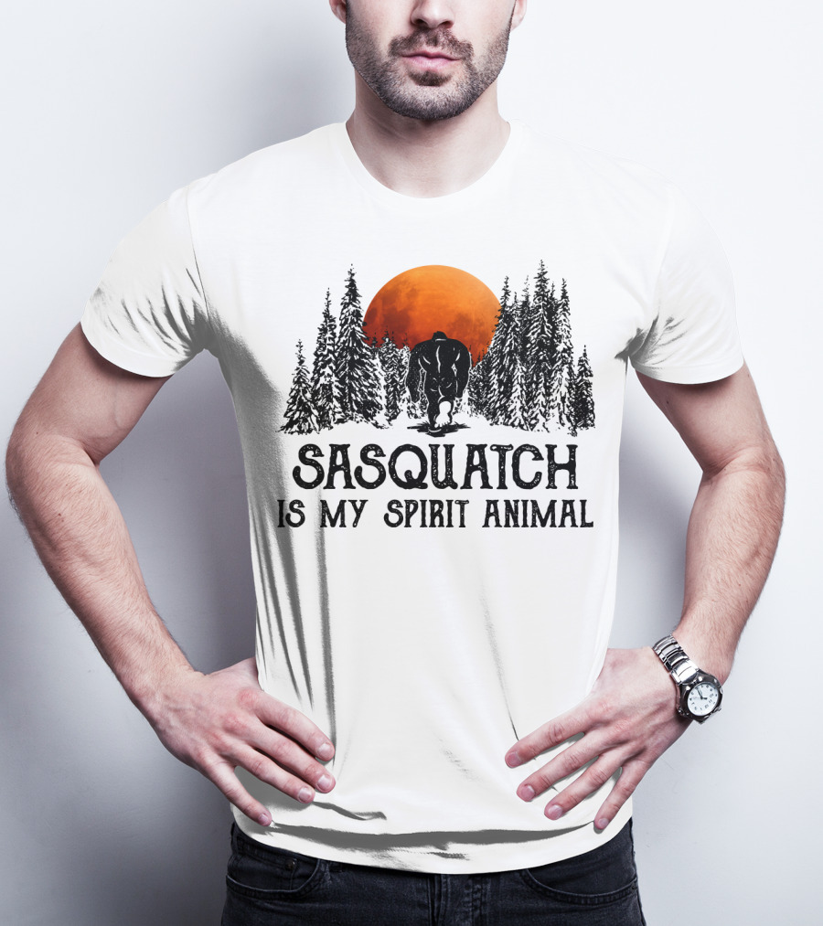 Sasquatch Is My Spirit Animal Forest Silhouette With Orange Moon T-Shirt