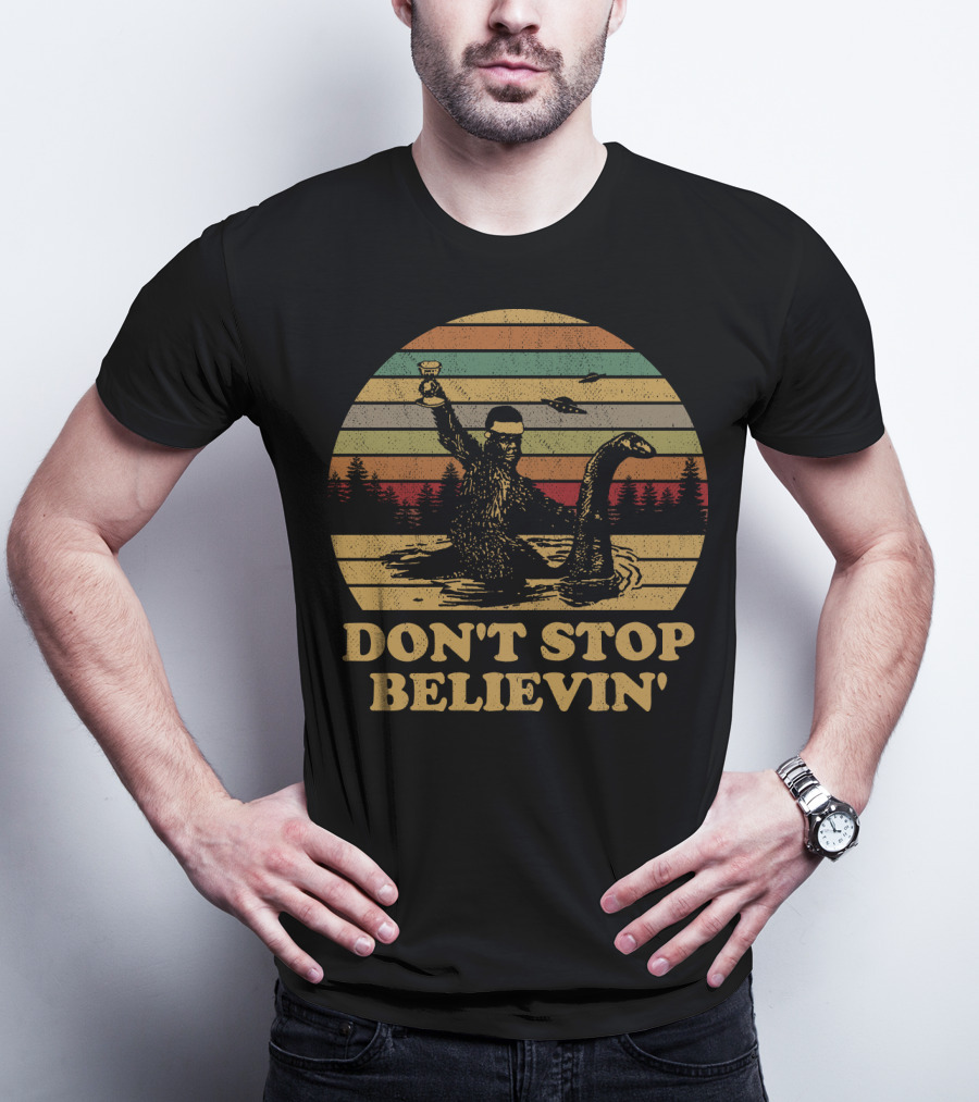 Don't Stop Believin' Bigfoot Loch Ness Vintage Sunset Retro T-Shirt