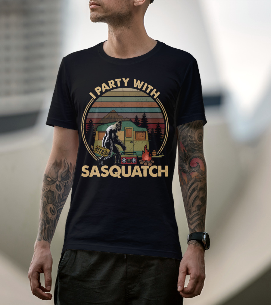 I Party With Sasquatch Beer Campfire Retro Camper Boombox T-Shirt