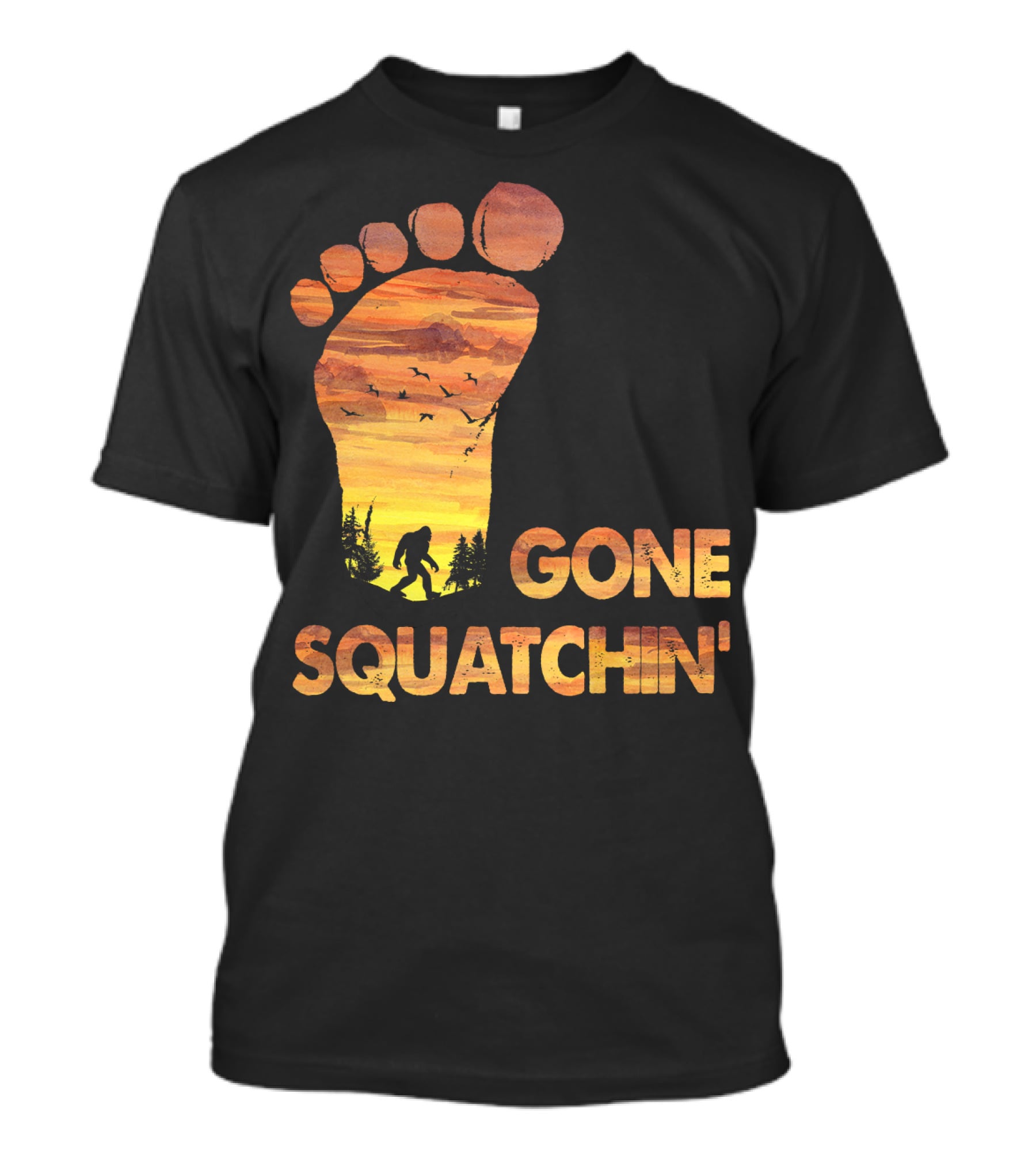 Bifoot Gone Squatchin Footprint Silhouette With Bigfoot And Mountain Sunset Scene T-Shirt