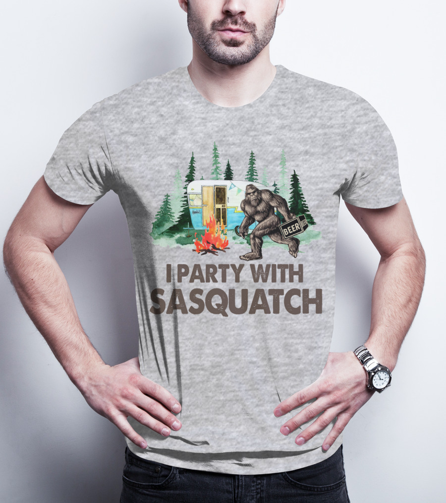 Beer I Party With Sasquatch Camper Fire Forest Scene T-Shirt