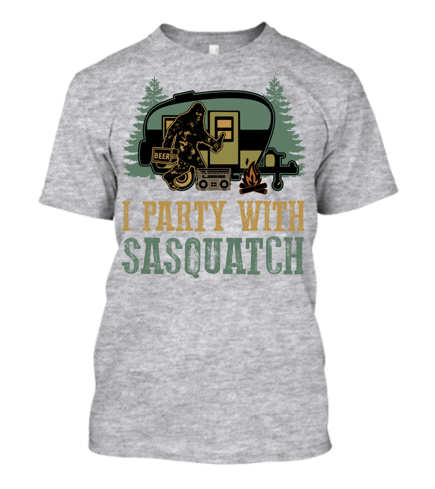 I Party With Sasquatch Beer Campfire Boombox Trailer Adventure T-Shirt