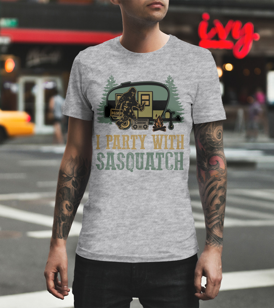 I Party With Sasquatch Beer Campfire Boombox Trailer Adventure T-Shirt