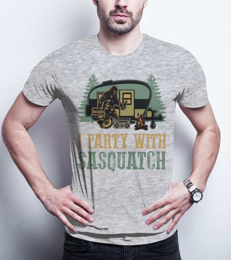 I Party With Sasquatch Beer Campfire Boombox Trailer Adventure T-Shirt