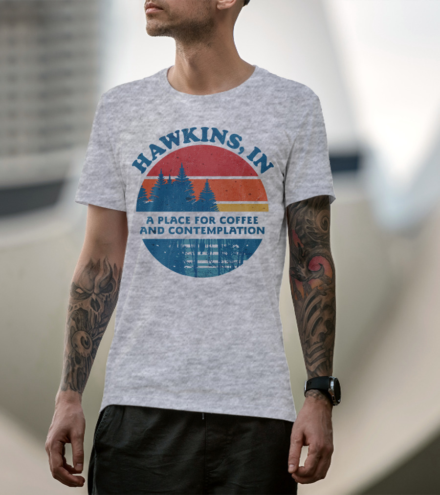 HAWKINS, IN A Place For Coffee And Contemplation Vintage Forest Sunset Circle T-Shirt