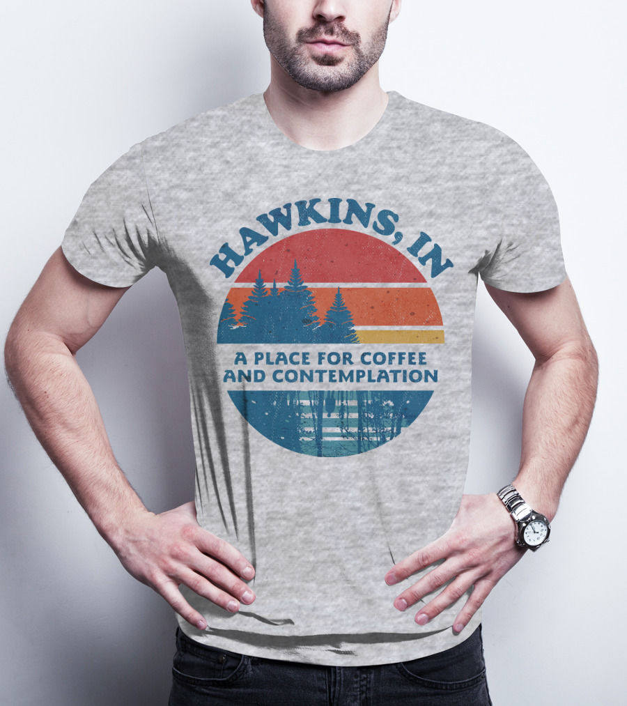HAWKINS, IN A Place For Coffee And Contemplation Vintage Forest Sunset Circle T-Shirt