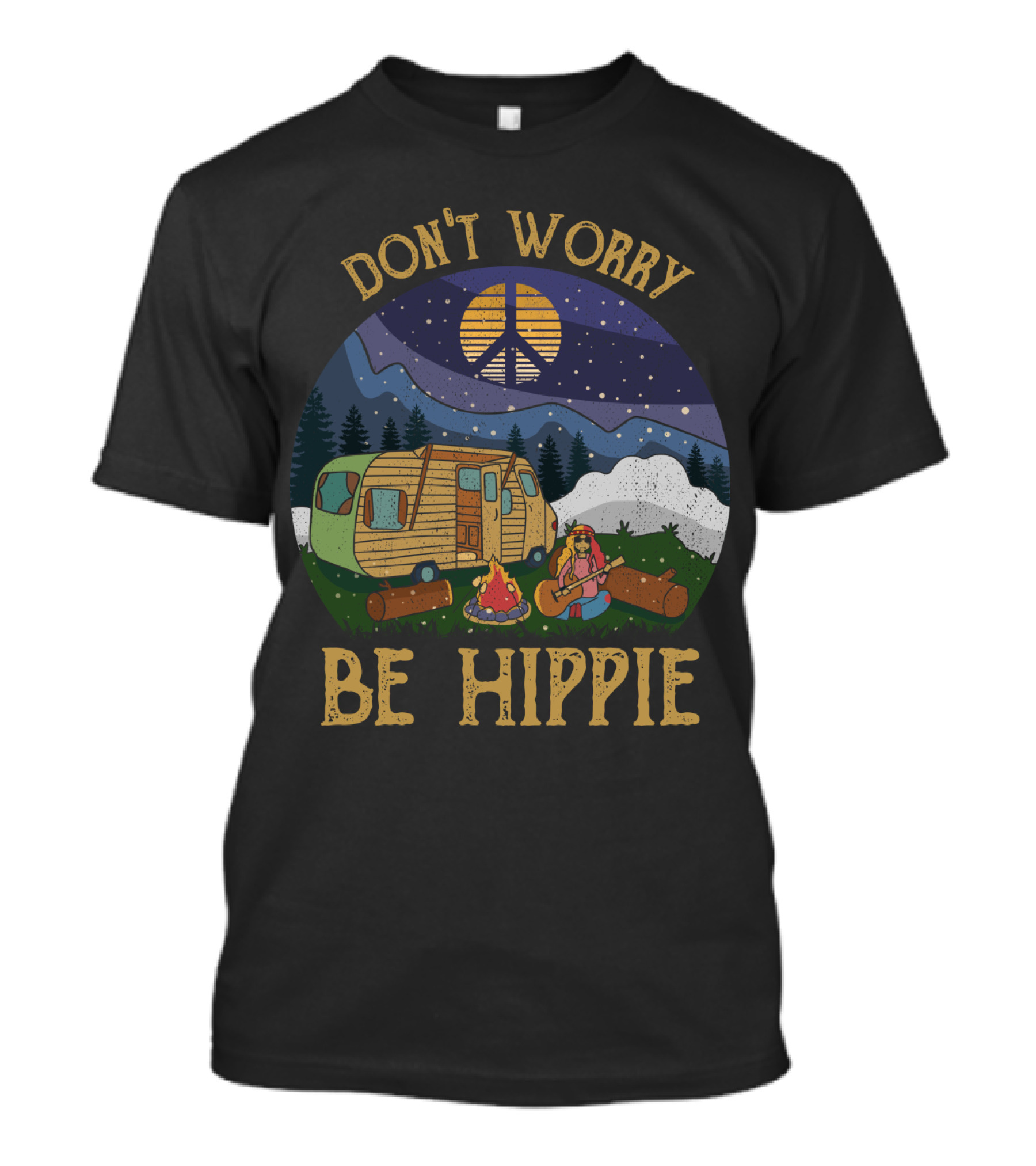 Don't Worry Be Hippie Camper Peace Sign Campfire Scene T-Shirt