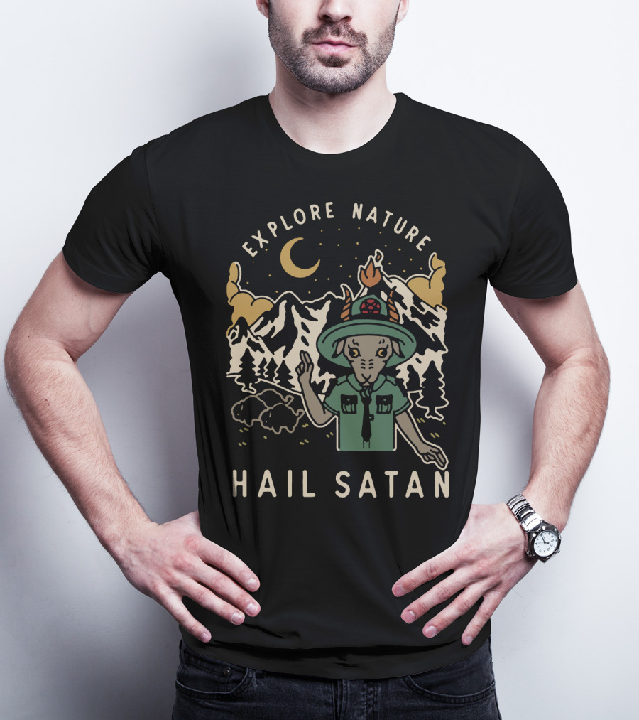 Explore Nature Hail Satan Moonlit Mountain Landscape Goat Character T-Shirt