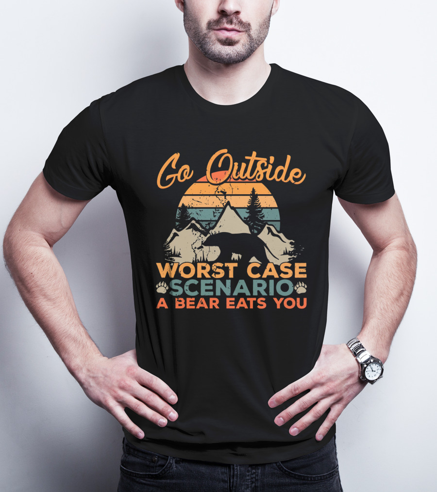 Go Outside Worst Case Scenario A Bear Eats You Retro Sunset Bear And Mountain T-Shirt