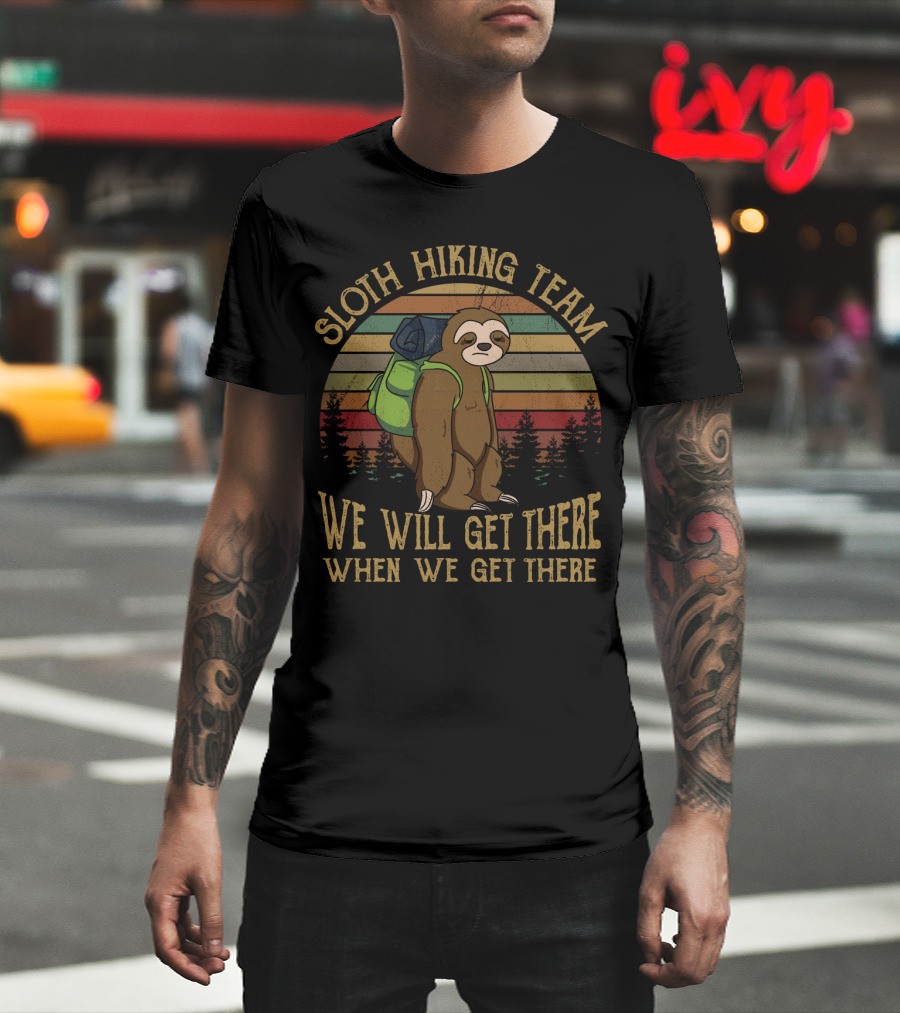 Sloth Hiking Team We Will Get There When We Get There Retro Forest Scene T-Shirt