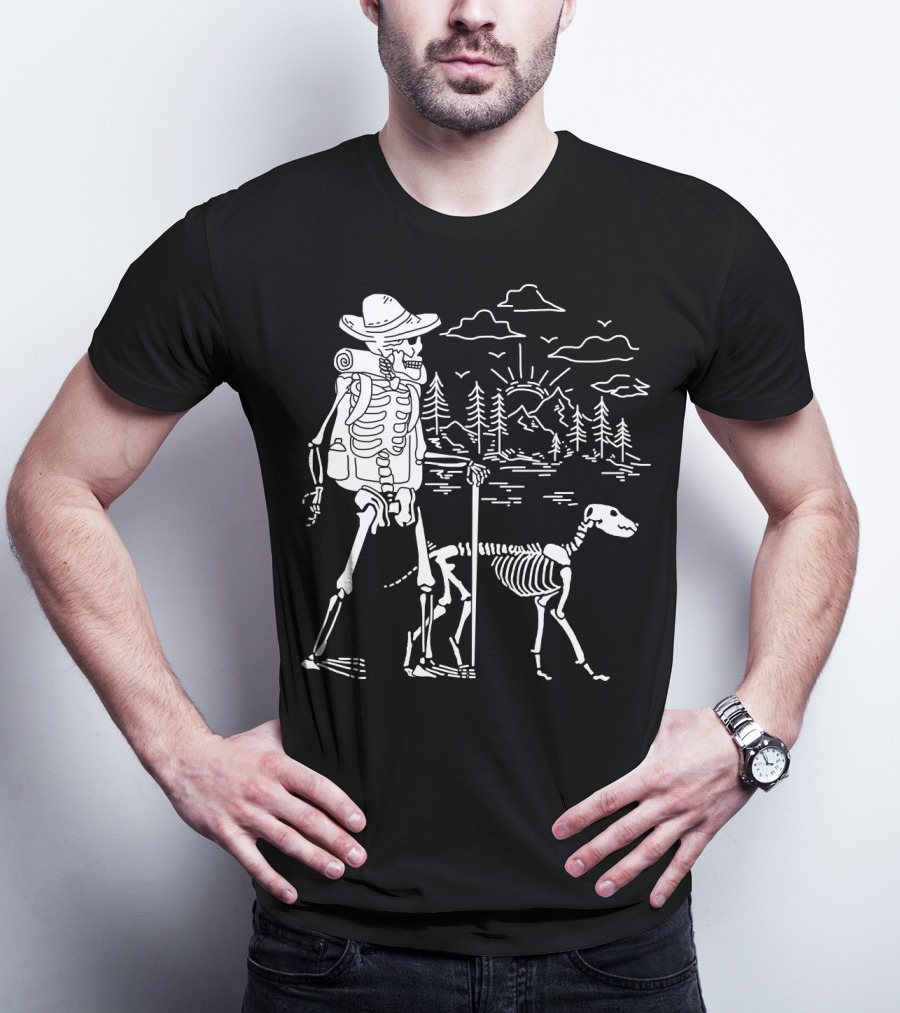 Hiking Skeleton With Skeleton Dog In Mountain Forest Scene T-Shirt