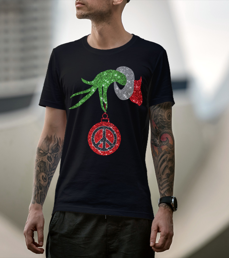 Grinch Hand Holding Peace Sign Ornament Christmas Hippie T-Shirt
