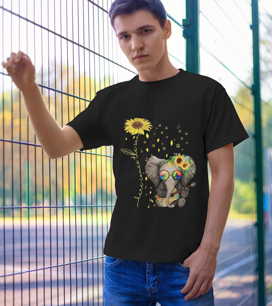 Here Comes The Sun Elephant With Sunflower And Peace Symbols T-Shirt