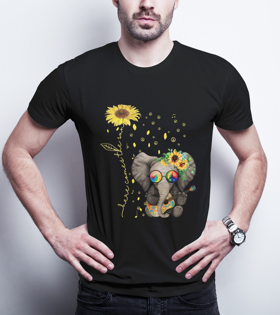 Here Comes The Sun Elephant With Sunflower And Peace Symbols T-Shirt
