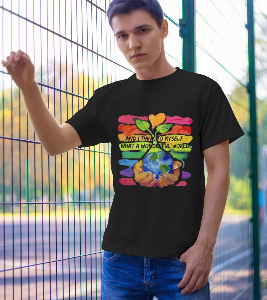 What A Wonderful World HP01 Hands Holding Earth Rainbow Stripes T-Shirt