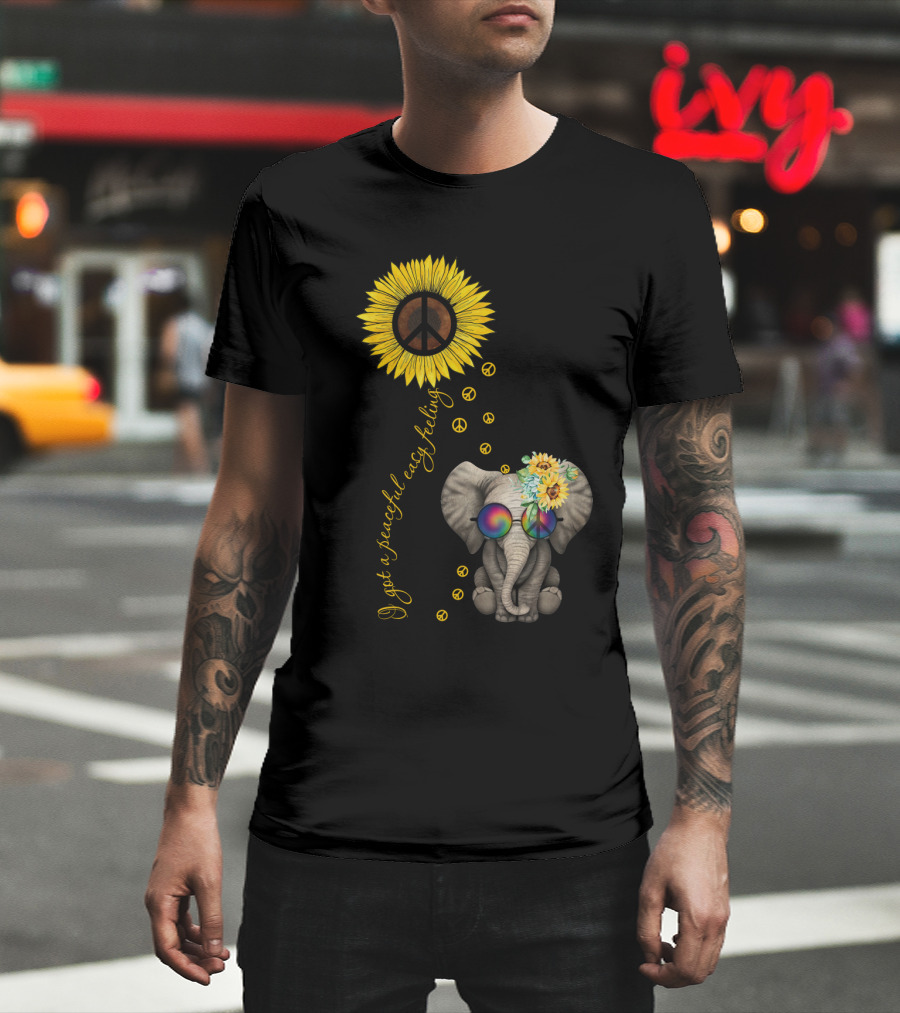 I Got A Peaceful Easy Feeling Elephant With Sunflower And Peace Symbols T-Shirt