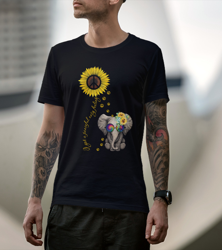 I Got A Peaceful Easy Feeling Elephant With Sunflower And Peace Symbols T-Shirt