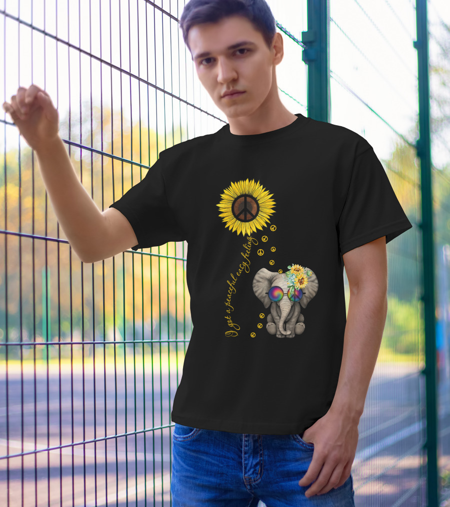 I Got A Peaceful Easy Feeling Elephant With Sunflower And Peace Symbols T-Shirt