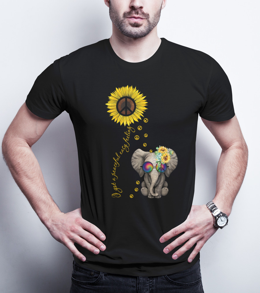 I Got A Peaceful Easy Feeling Elephant With Sunflower And Peace Symbols T-Shirt