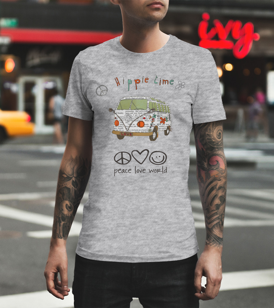Hippie Time Peace Love World Retro Van Design With Symbols T-Shirt