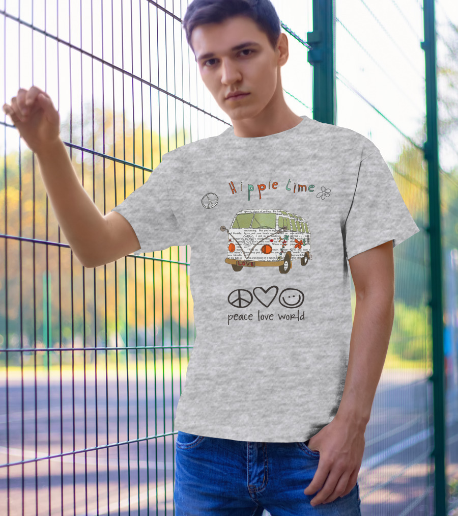 Hippie Time Peace Love World Retro Van Design With Symbols T-Shirt