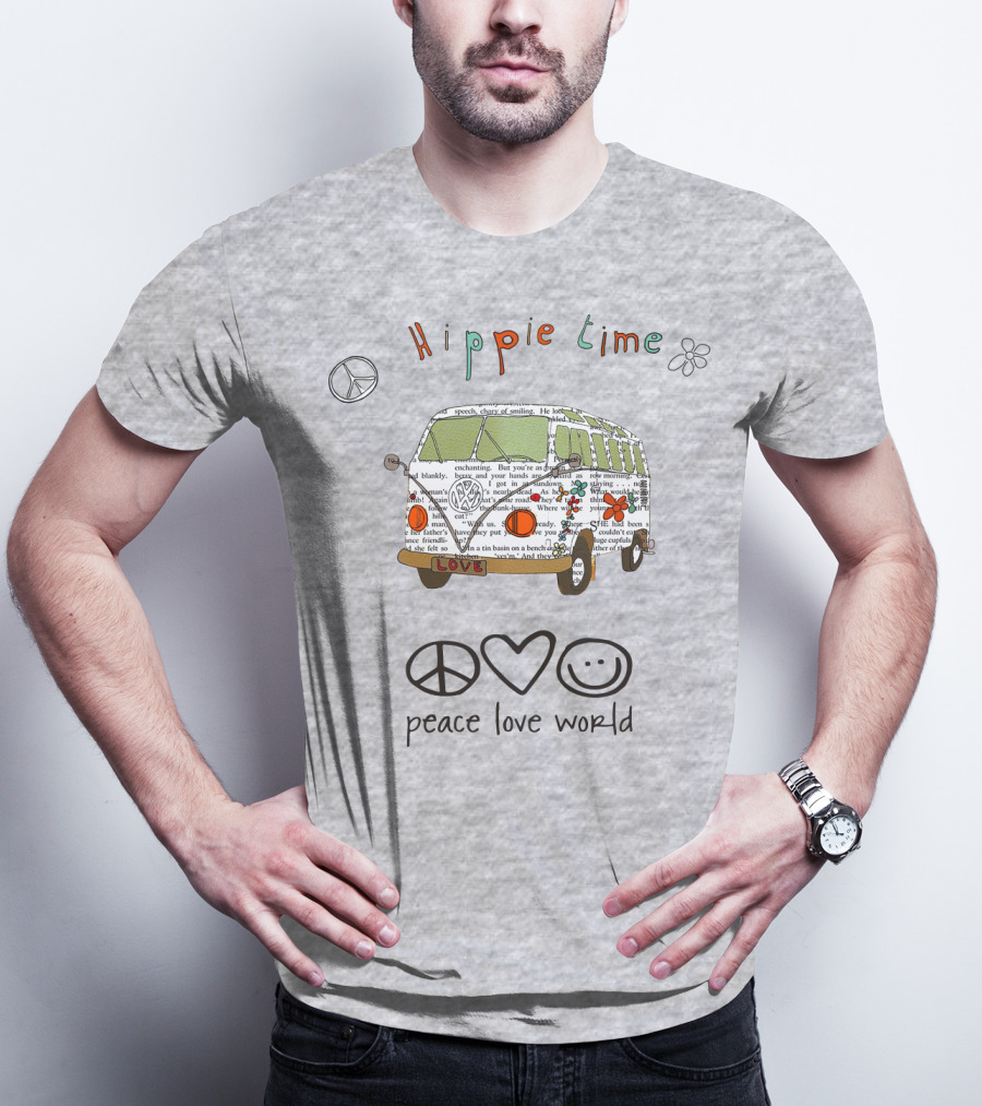 Hippie Time Peace Love World Retro Van Design With Symbols T-Shirt