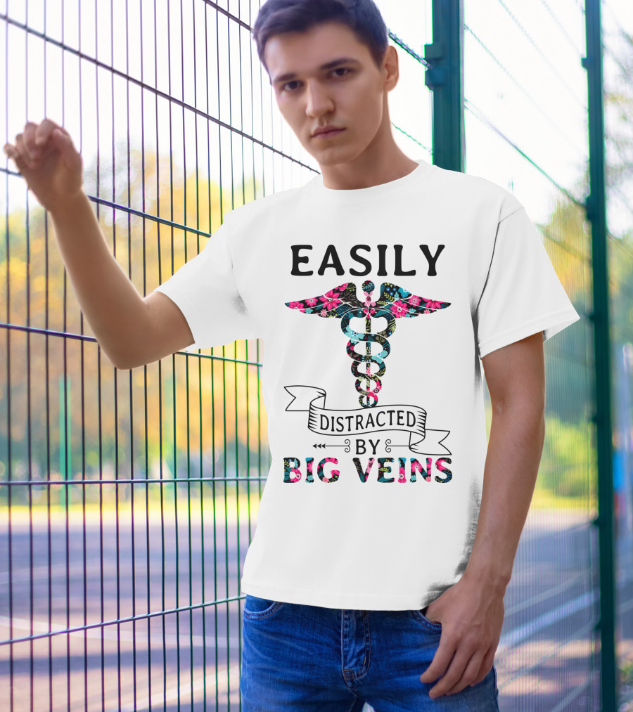 Easily Distracted By Big Veins Caduceus Floral T-Shirt