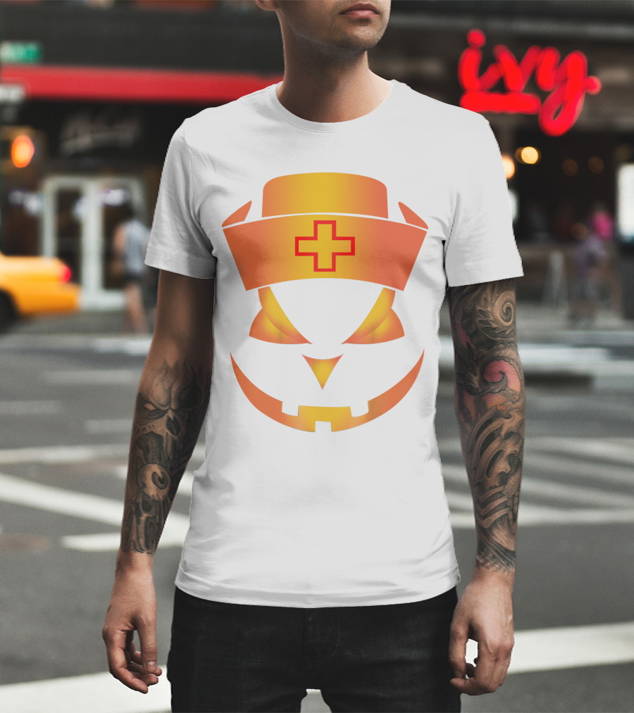 Nurse Pumpkin Face With Cross Hat Halloween T-Shirt