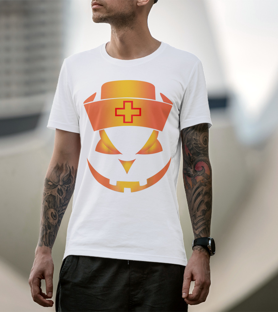 Nurse Pumpkin Face With Cross Hat Halloween T-Shirt