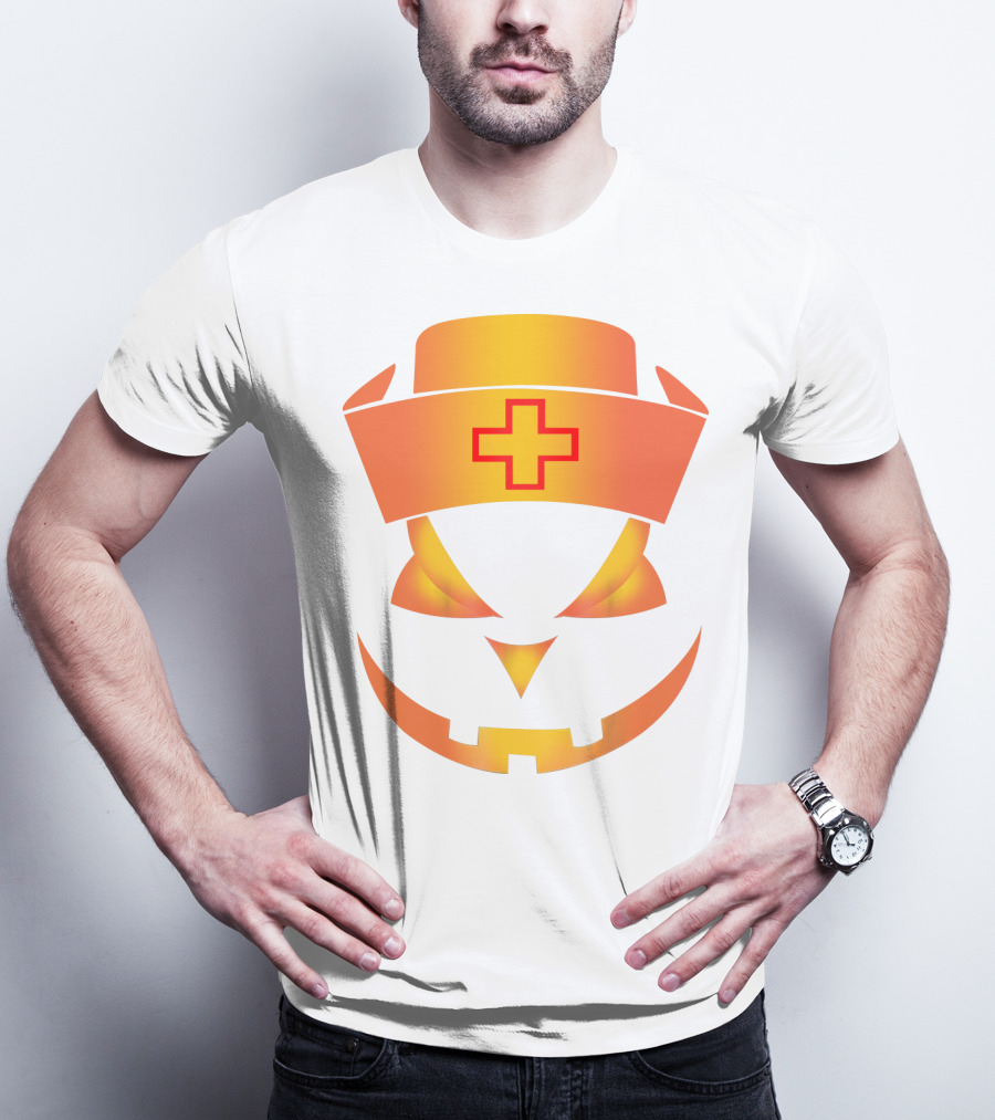 Nurse Pumpkin Face With Cross Hat Halloween T-Shirt
