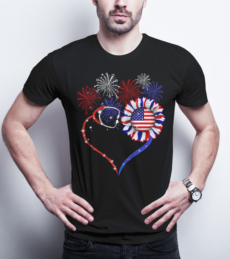 Nurse Patriotic Heart With American Flag And Fireworks T-Shirt