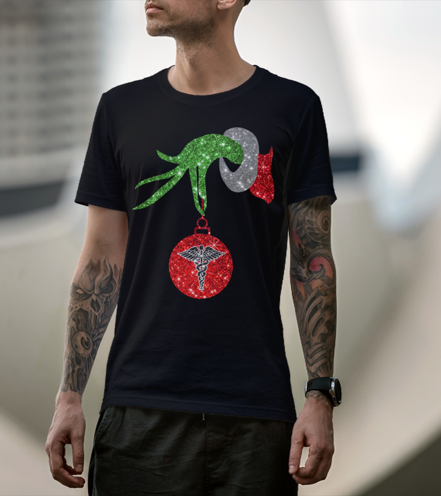 Grinch Hand Holding Caduceus Christmas Ornament Nurse T-Shirt