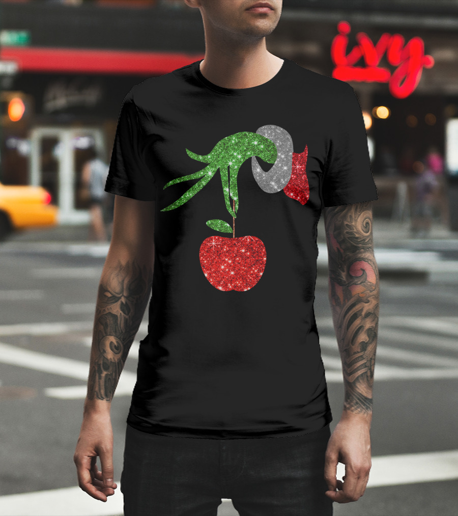 Green Grinch Hand Holding Shiny Red Apple T-Shirt