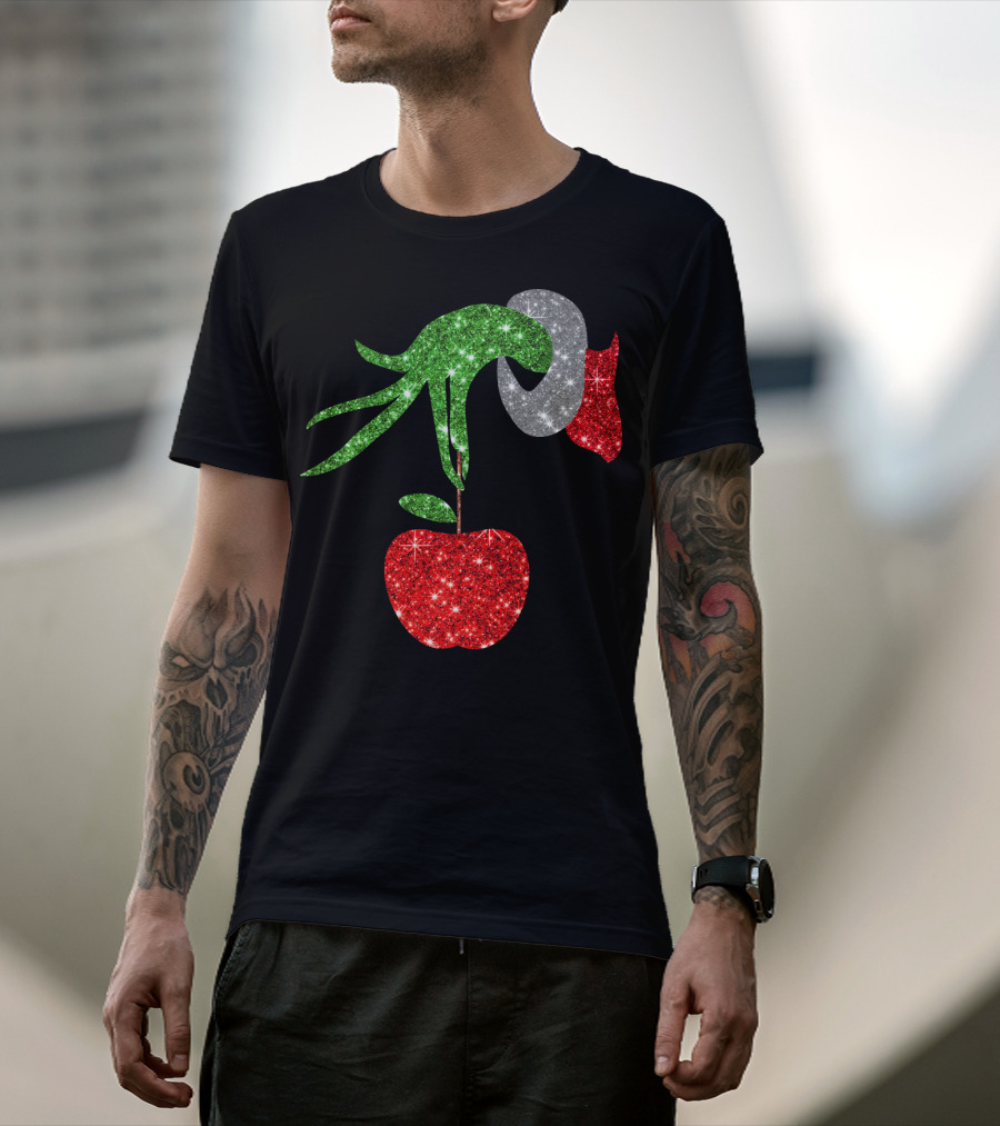 Green Grinch Hand Holding Shiny Red Apple T-Shirt