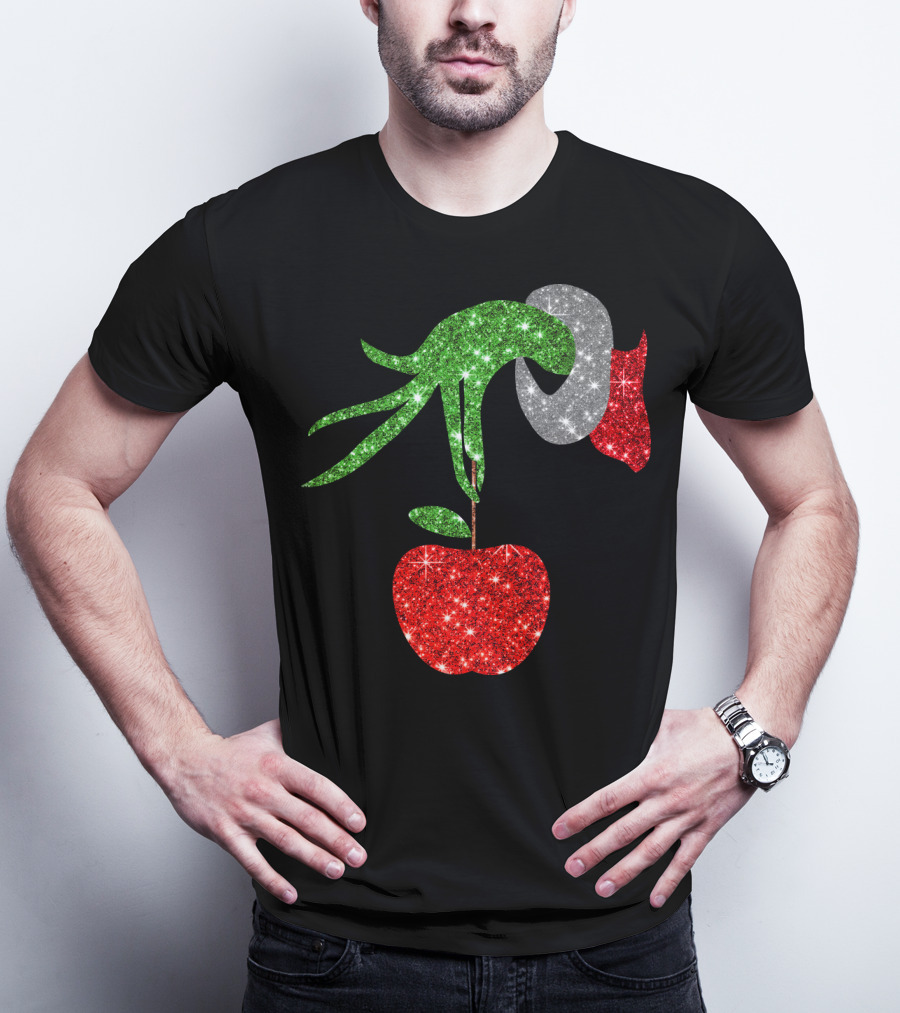 Green Grinch Hand Holding Shiny Red Apple T-Shirt
