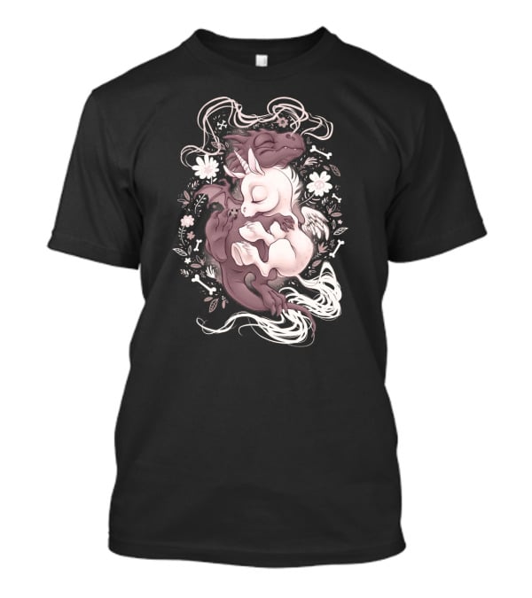 DRAGON UNICORN SLEEPING EMBRACE WITH FLOWERS AND BONES T-Shirt