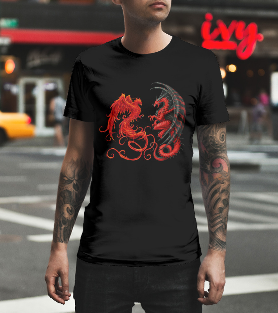 DRAGON AND PHOENIX SYMBOLS IN RED AND BLACK ENCOUNTER T-Shirt
