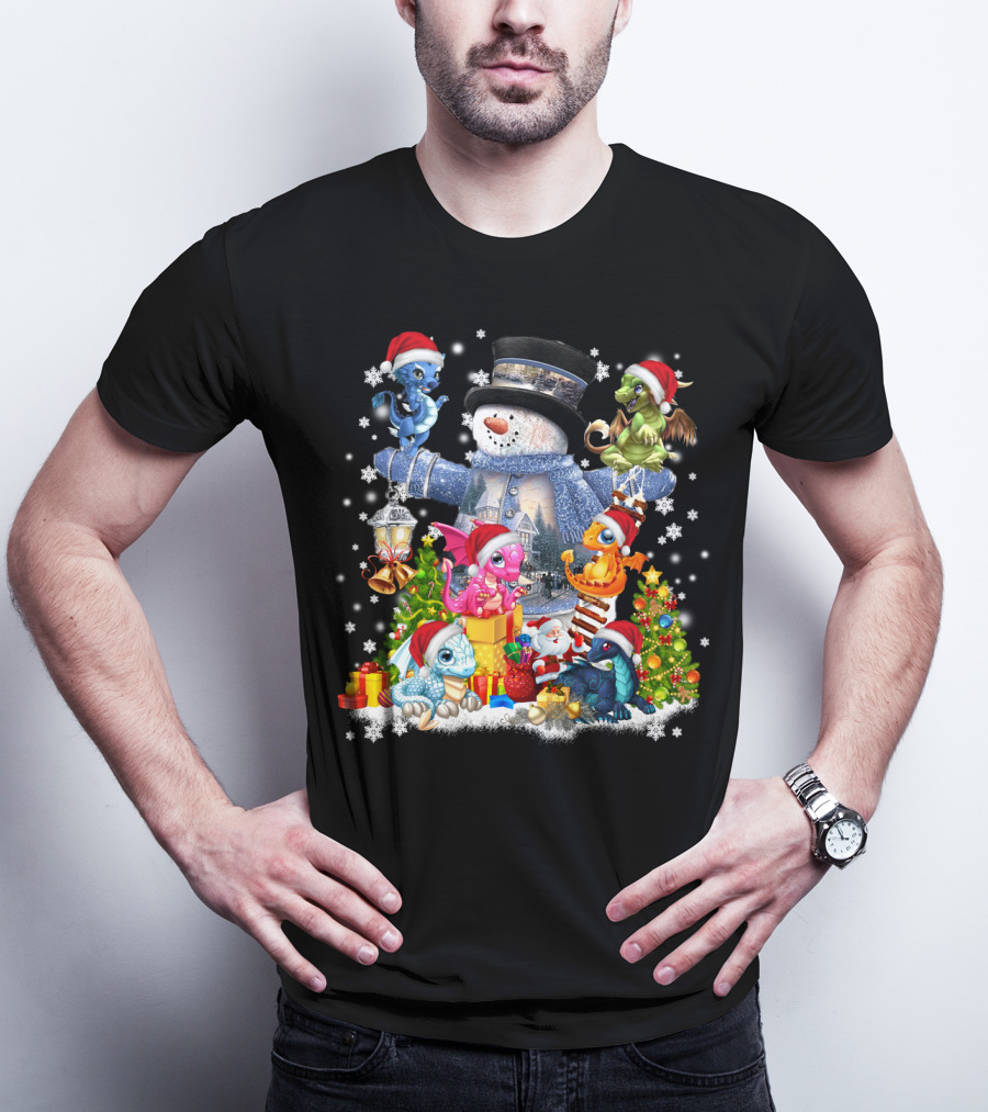 Dragons Play With Snowman IN Christmas Scene T-Shirt