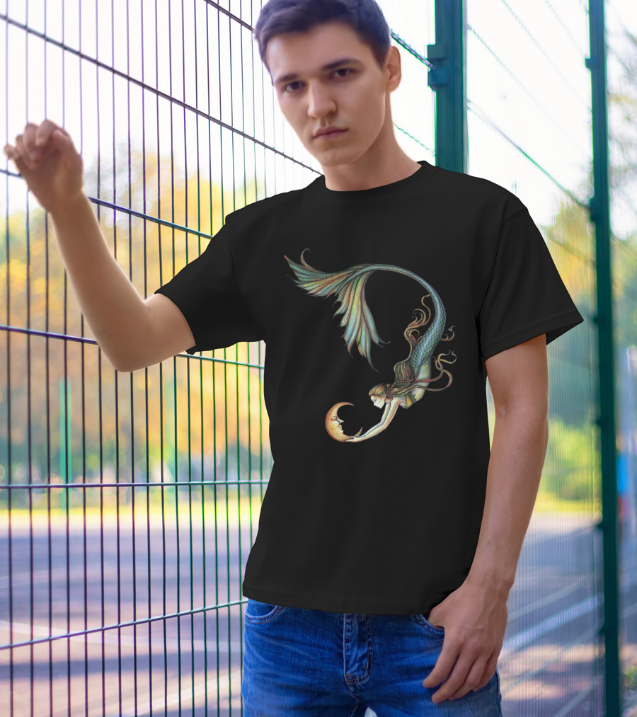 Mermaid Embrace With Smiling Crescent Moon T-Shirt