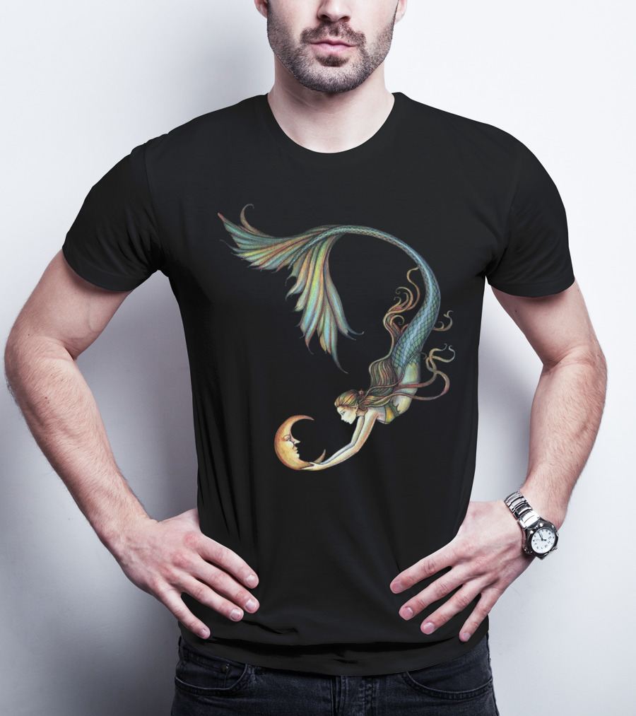 Mermaid Embrace With Smiling Crescent Moon T-Shirt