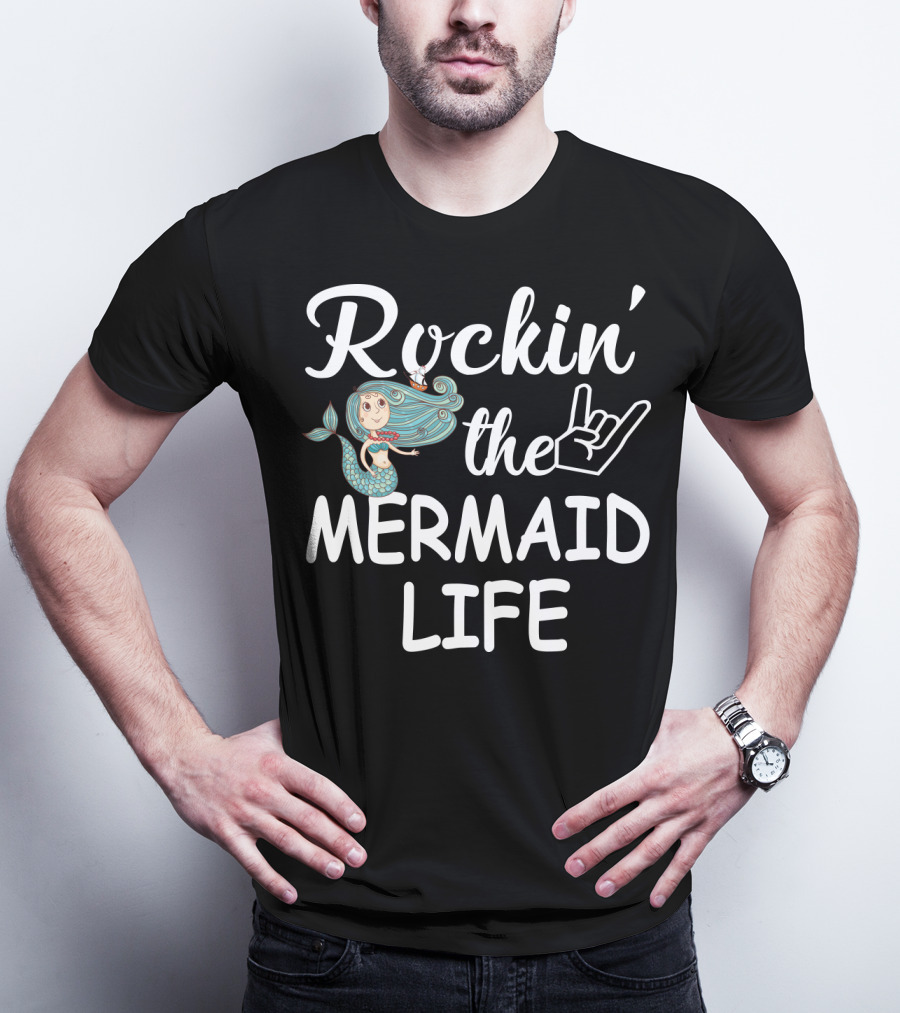Rockin' The Mermaid Life With Hand Sign And Cartoon Mermaid T-Shirt