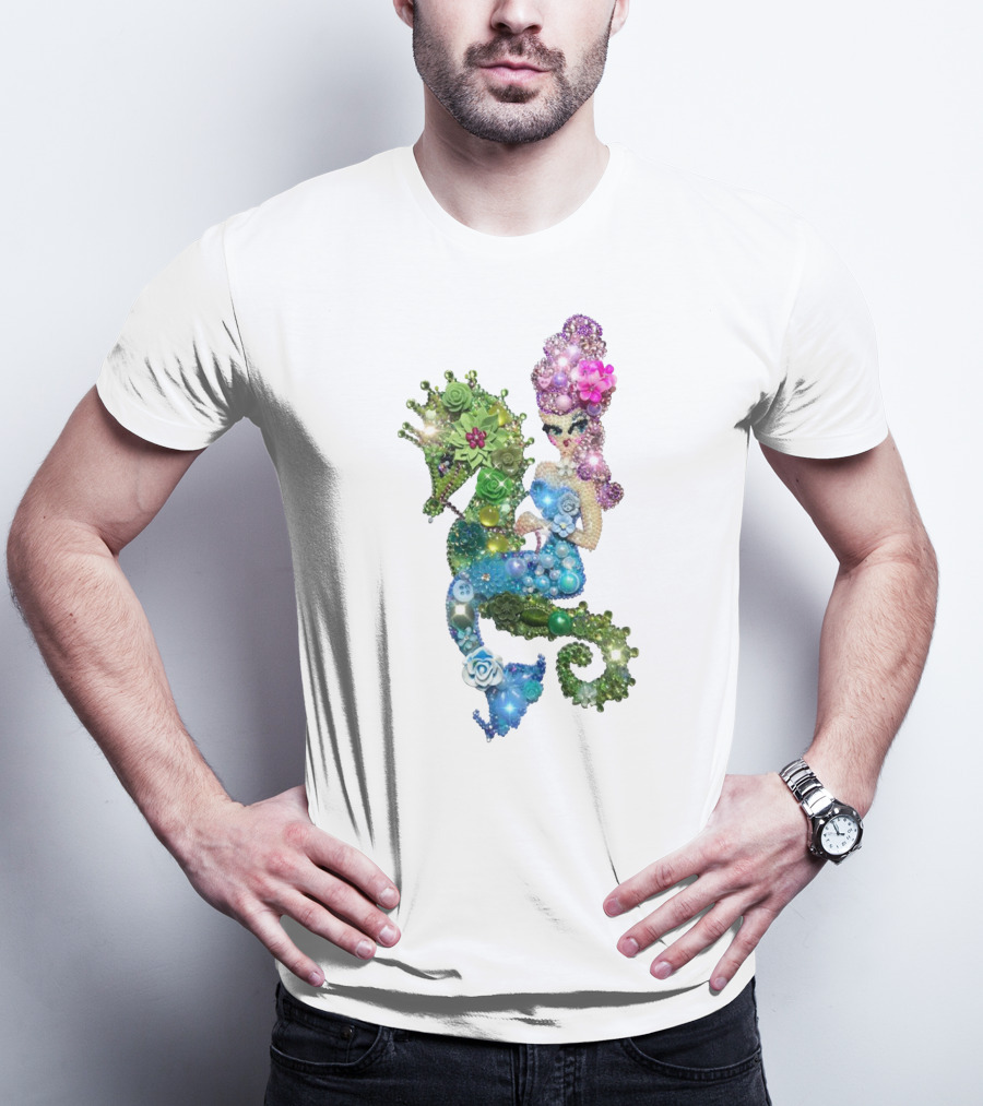 MERMAID RIDING A SEAHORSE JEWEL EMBELLISHED FANTASY CREATURE T-Shirt