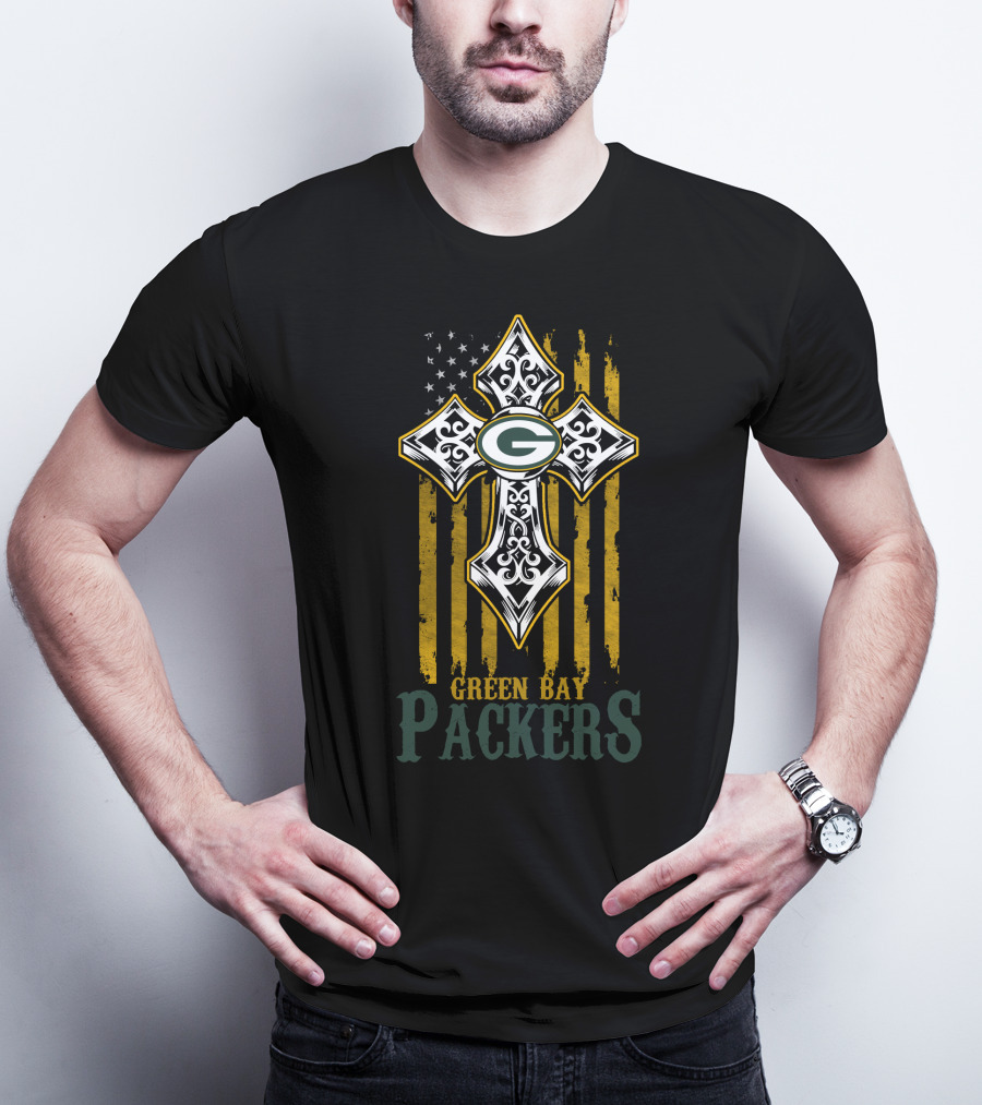 Green Bay Packers American Flag Cross T-Shirt