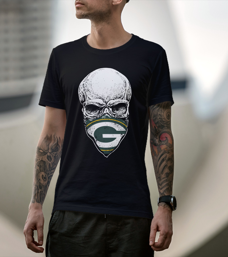 Skull With Green Bay Packers Bandana T-Shirt