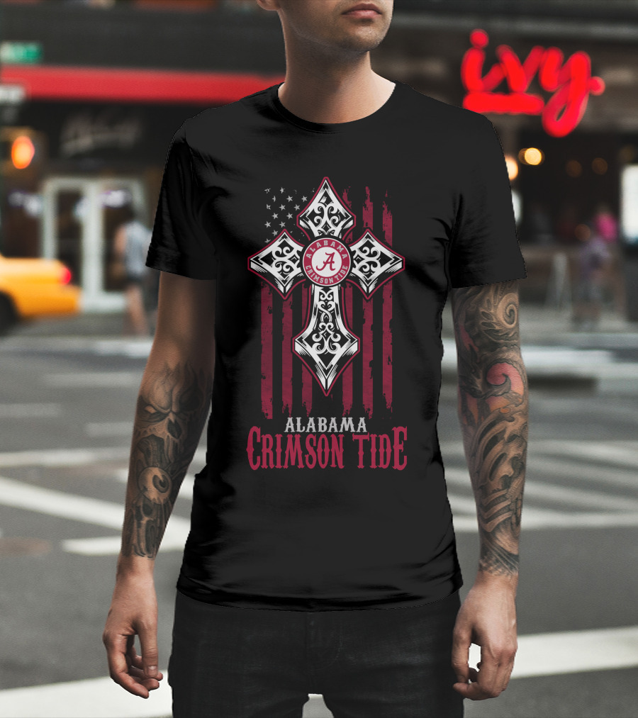 Alabama Crimson Tide Cross With American Flag And Script A T-Shirt