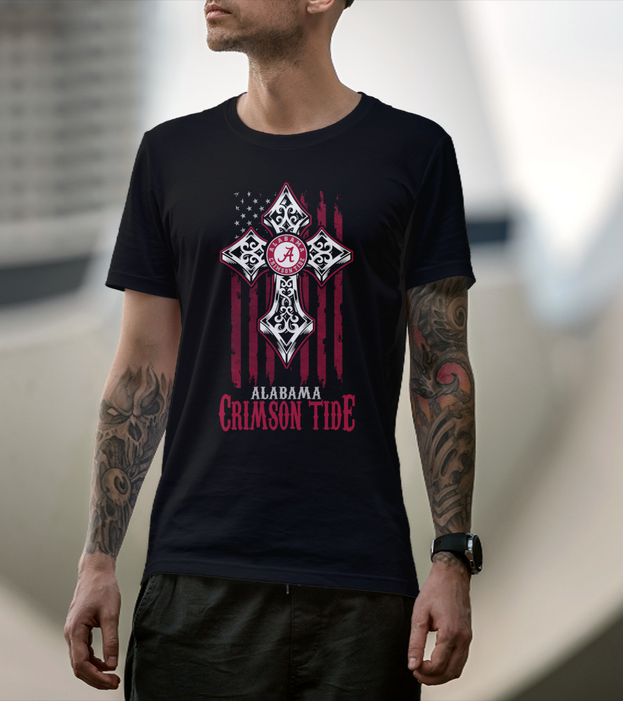 Alabama Crimson Tide Cross With American Flag And Script A T-Shirt