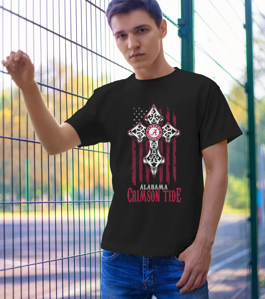Alabama Crimson Tide Cross With American Flag And Script A T-Shirt