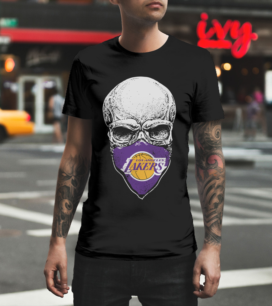 Los Angeles Lakers Skull Emblem With Purple And Gold Basketball Motif T-Shirt